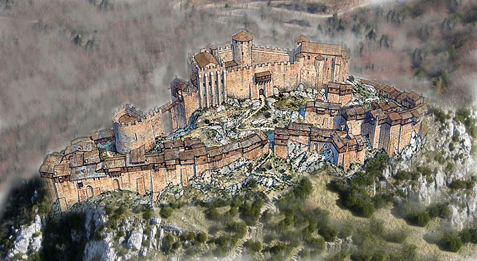 Le château de Montségur à l'époque cathare tel qu'on l'imagine aujourd'hui